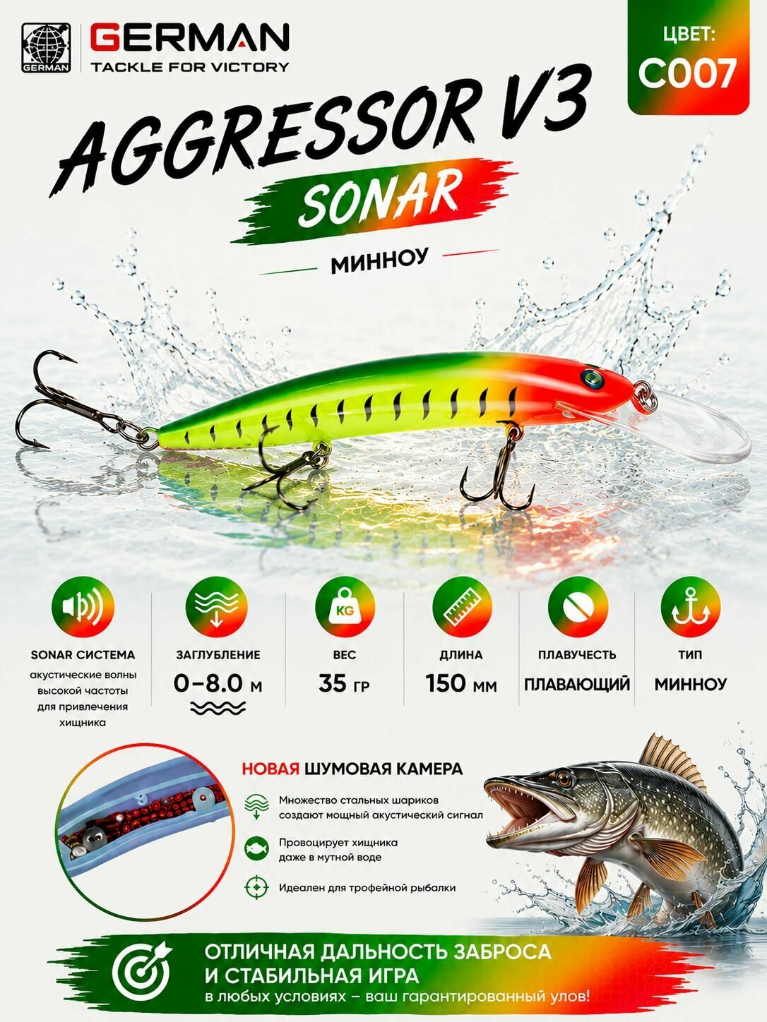 Воблер "Aggressor V3 SONAR" 150 мм / 35 гр / C007 цвет