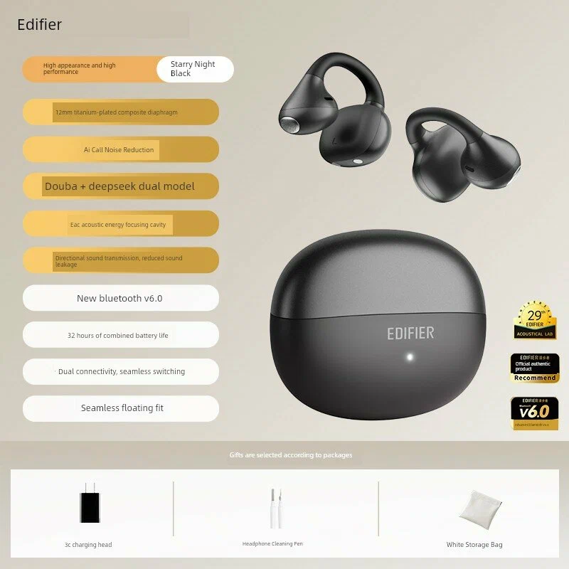 Беспроводные наушники Edifier X Clip открытого типа без затычек, заушная конструкция для спорта и бега, black