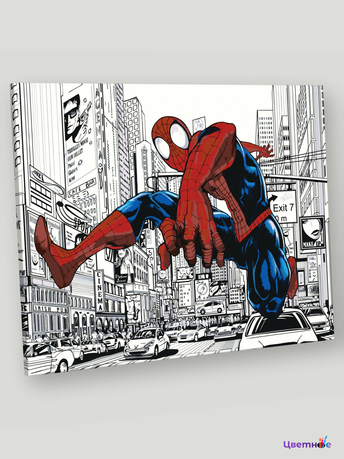 Картина по номерам на холсте с подрамником "Человек паук Spiderman: чб арт, город" Раскраска 40x50 см, Супергерои Кино