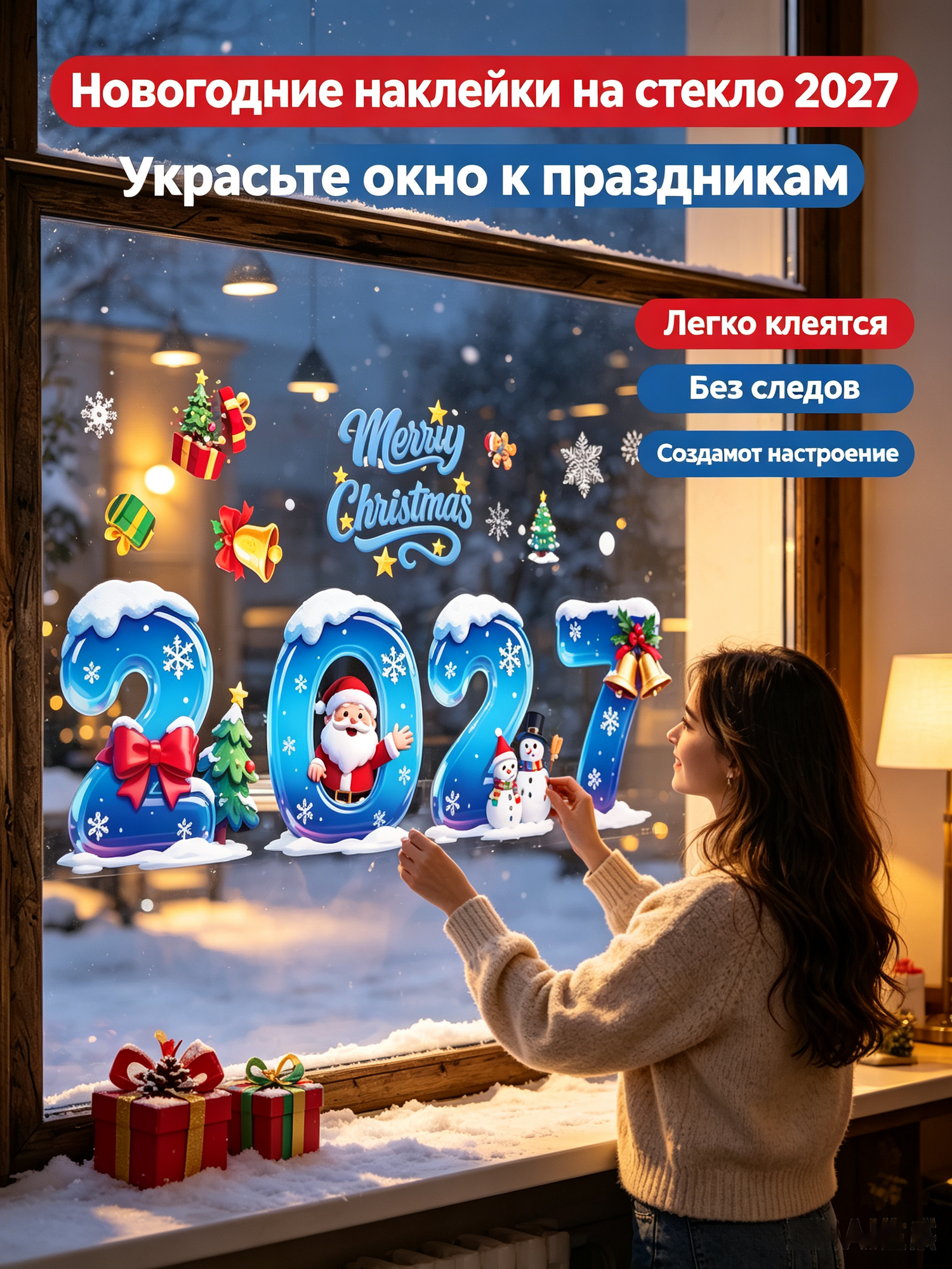 Новогодние статические наклейки на окна 2027 Дед Мороз снеговик ёлка многоразовые декор для дома магазина без следов