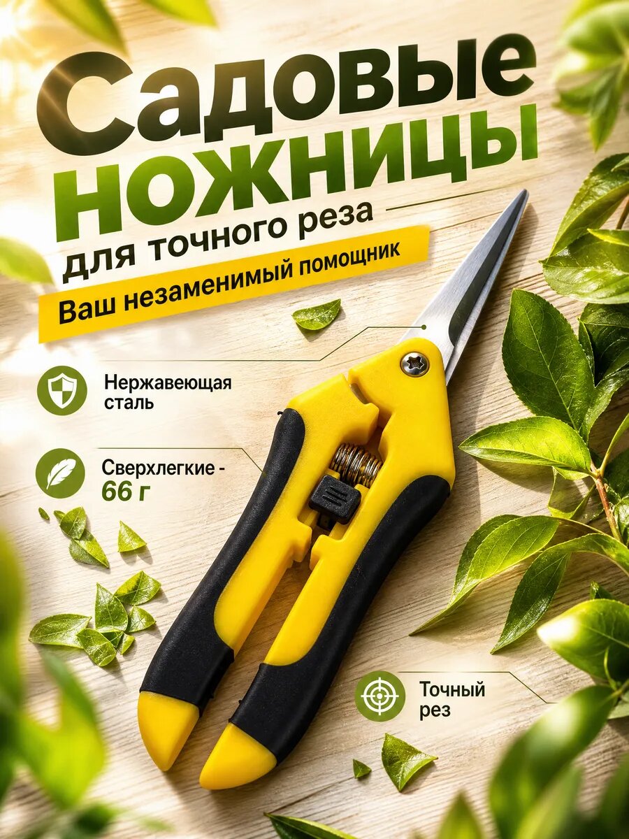 Садовые ножницы, нержавеющая сталь, прямые лезвия, длина 17 см