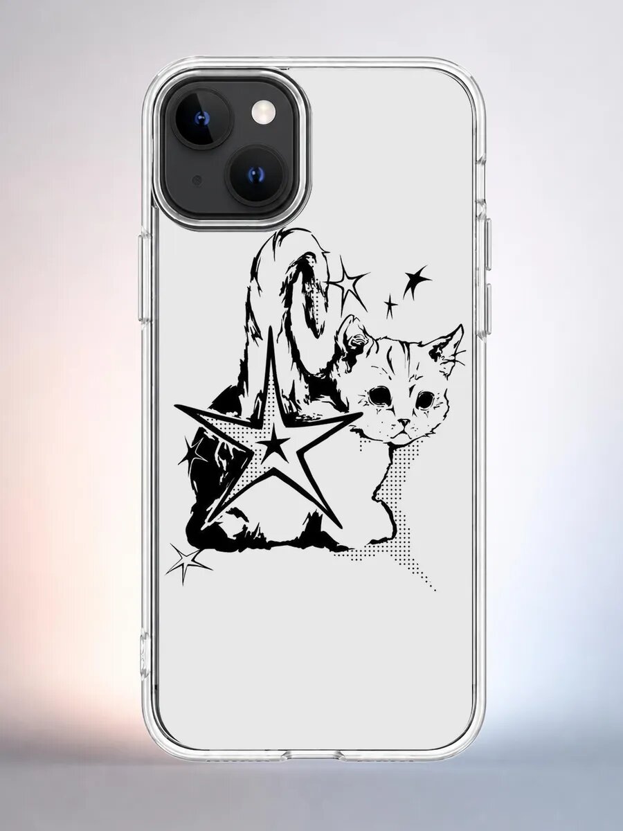 Чехол iPhone 15 котёнок и звезда силиконовый прозрачный