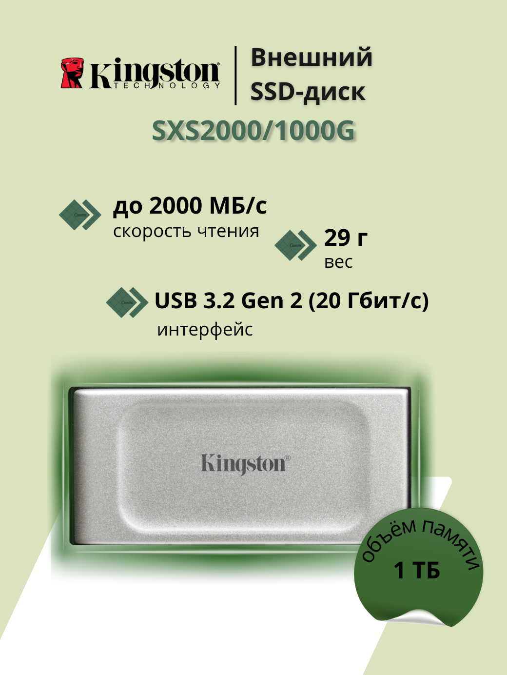 Внешний SSD-накопитель Kingston XS2000 1 Тб 2000 МБ/с USB Type-C, серебристый