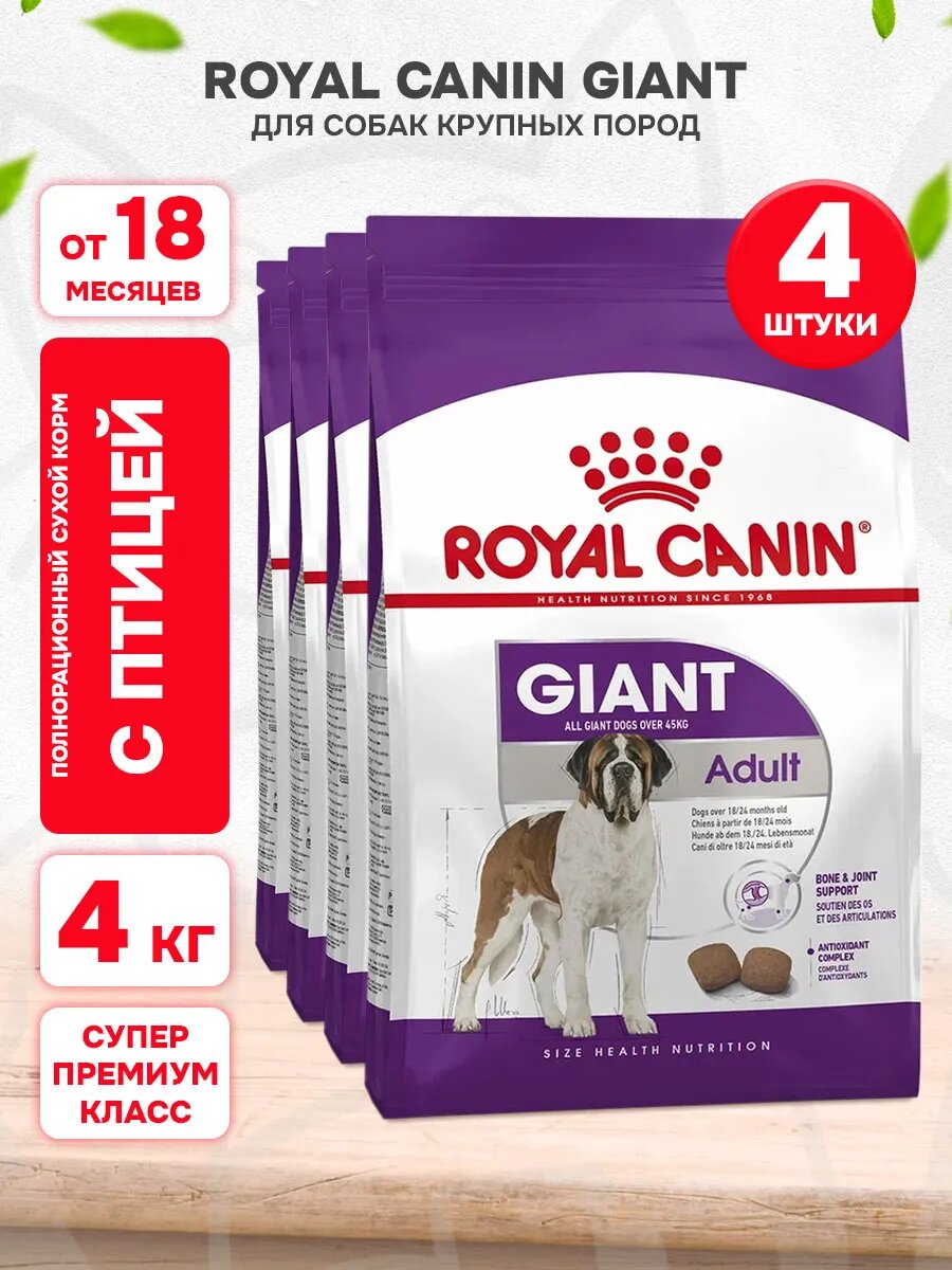 Корм сухой Royal Canin Giant Adult для взрослых собак крупных пород, 4 кг х 4 шт