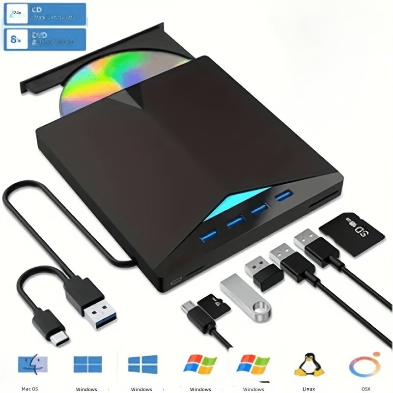 Внешний оптический привод CD/DVD +/- RW USB 3.0 Type-C со слотом для карт памяти SD/TF, многофункциональный, ультратонкий, 2 шт, цвет черный