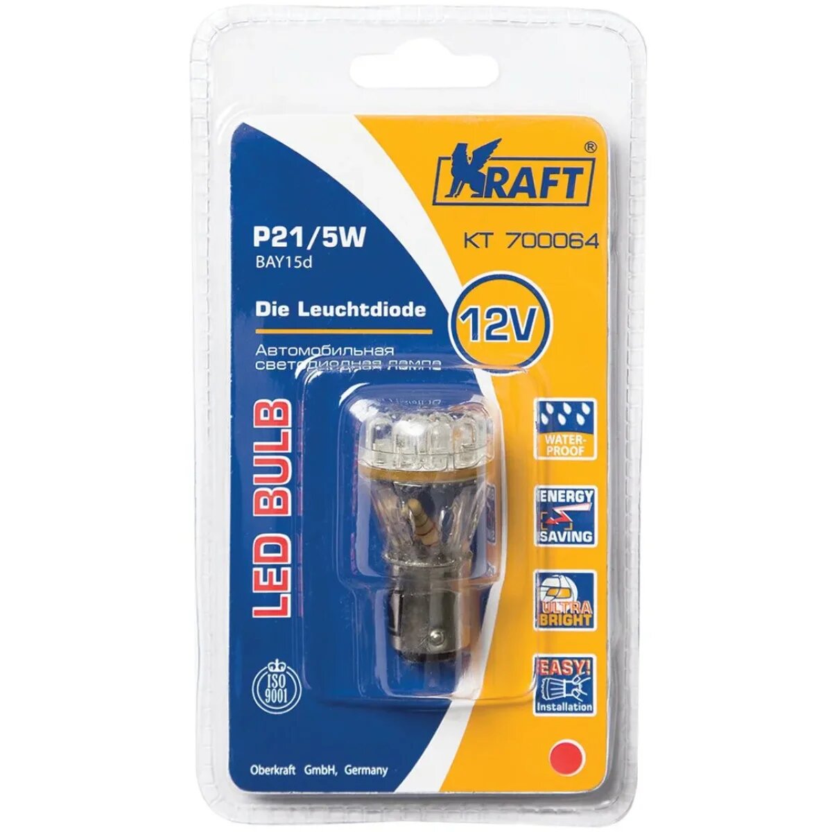Светодиод P21/5W (BAY15d) 12V красный (1шт в блистере) (KRAFT)