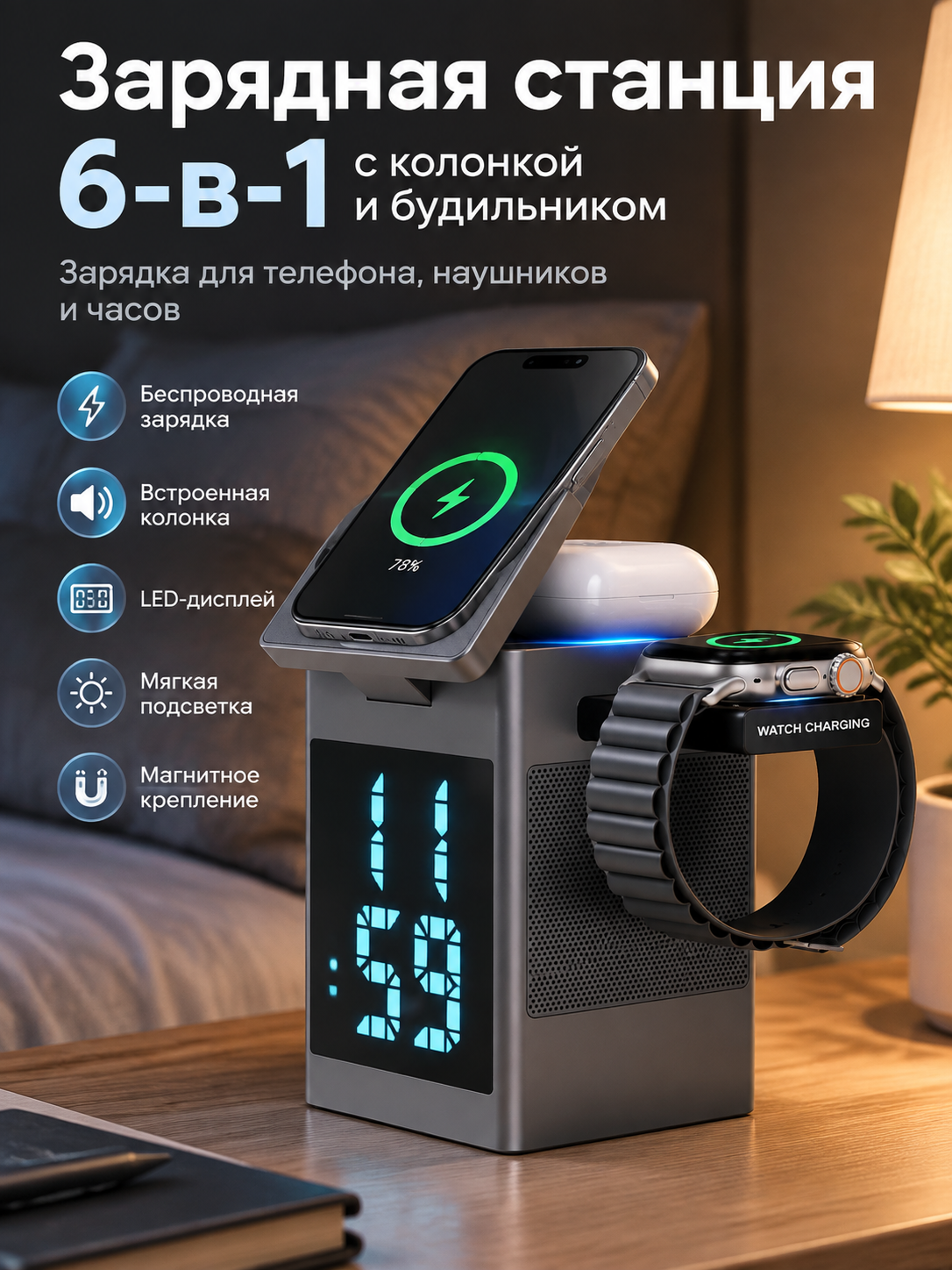 Зарядная станция 6-в-1 с колонкой и будильником: зарядка для телефона, наушников и часов, серый