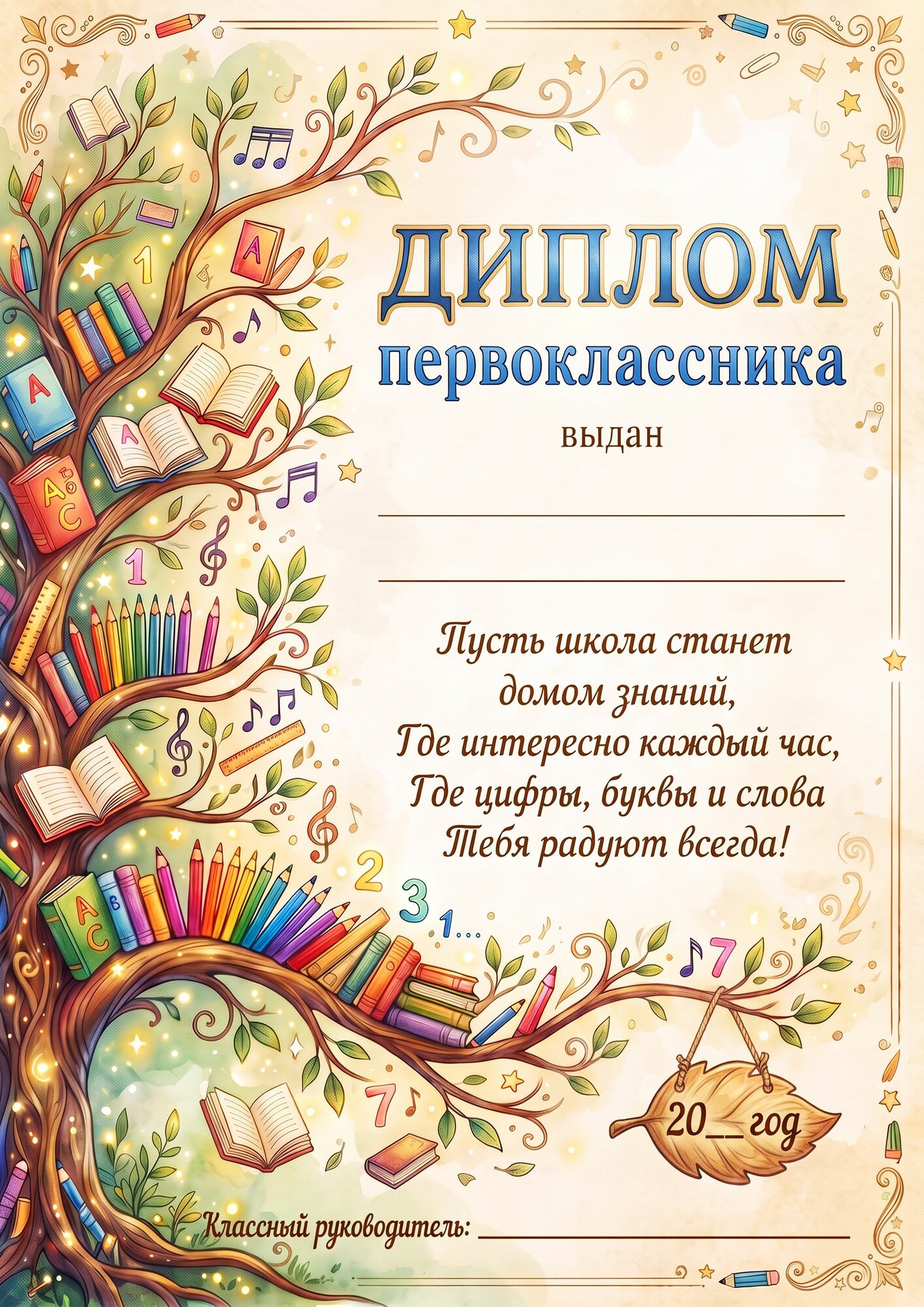 Диплом первоклассника А4 "Дерево Знаний" (5 шт, 230 г/м, глянец) Подарочная грамота ребенку на 1 Сентября и Посвящение в первоклассники