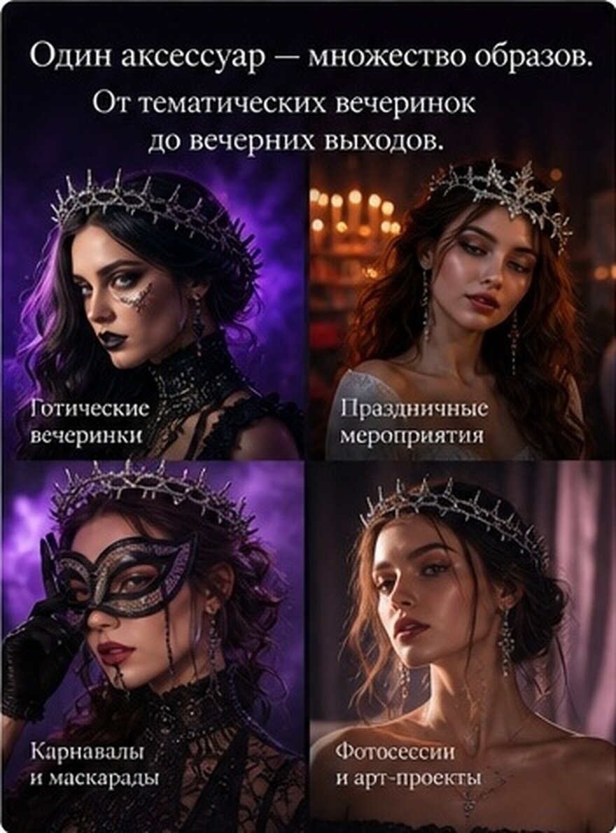 Металлический серебряный ободок в виде короны с шипами для праздничного украшения волос