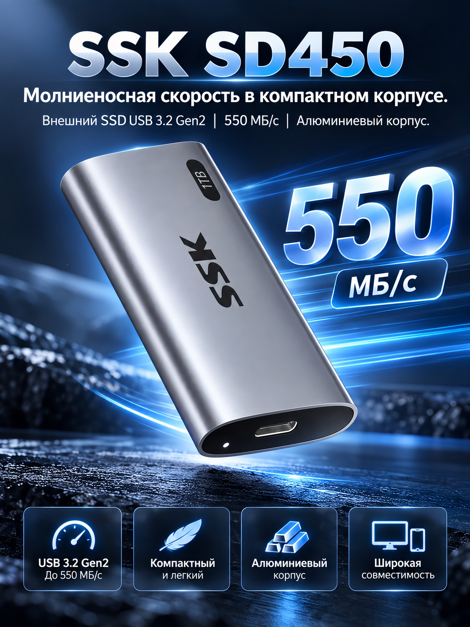 Портативный SSD‑накопитель SSK SD450 512GB, USB3.2 Gen2 Type‑C, высокая скорость для работы и хранения фото‑видео
