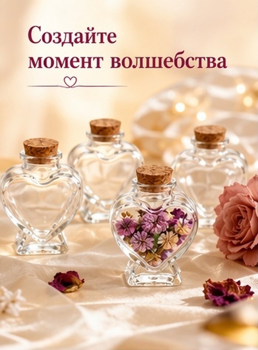 Прозрачные стеклянные сердечные бутылочки с пробкой в наборе из 4 штук для декора