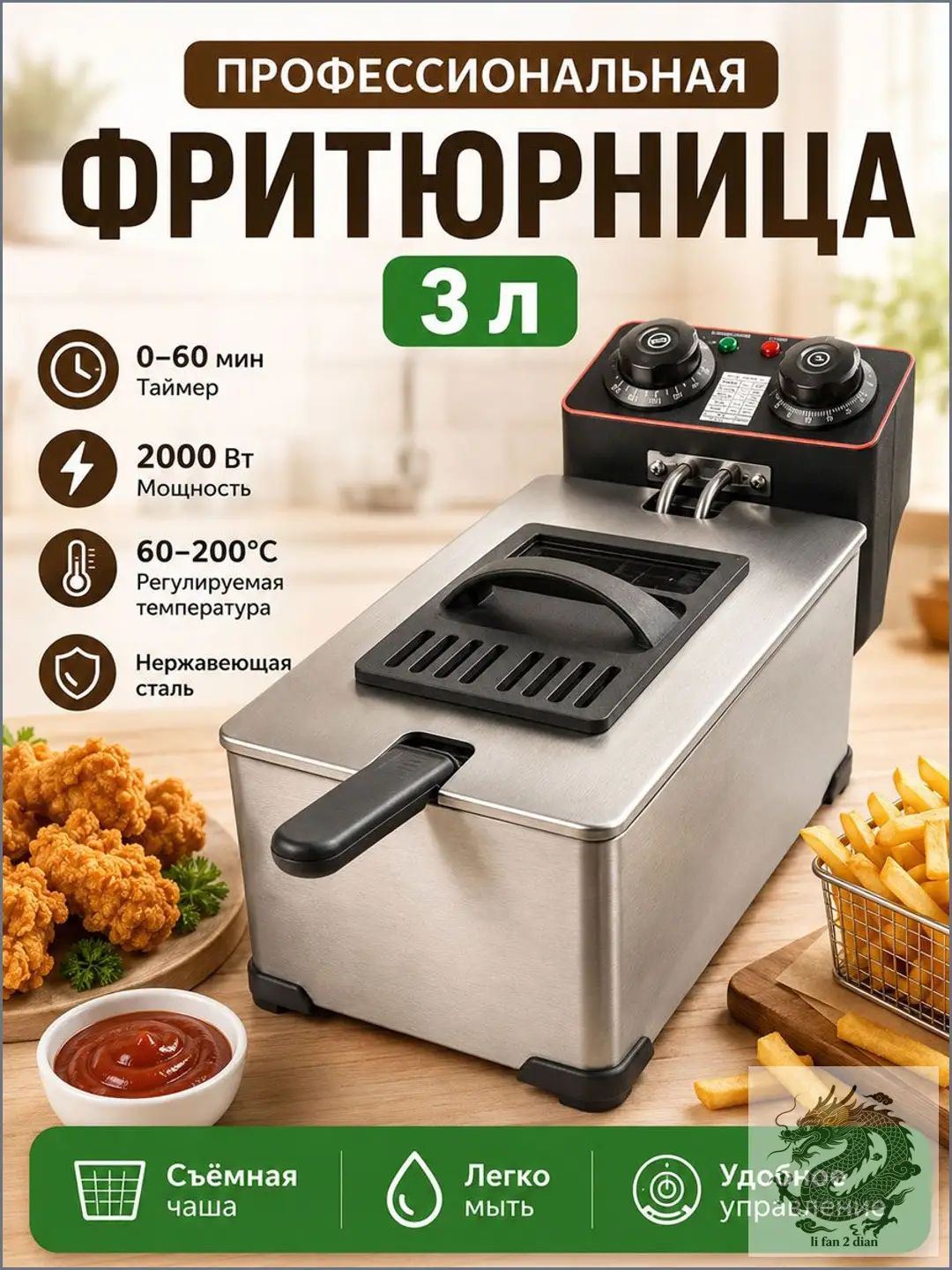 Фритюрница GASTRORAG EF3LA, оснащенная таймером, мощностью 2000 Вт, в комплекте со съемной чашей объемом 3 л, востребована для оснащения как профессиональных, так и домашних кухонь, является качествен