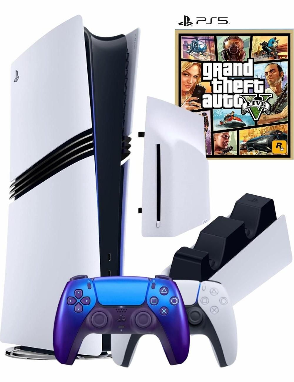 Игровая приставка PS5 Pro + 2й геймпад синий хром + игра GTA +станция зарядки + дисковод