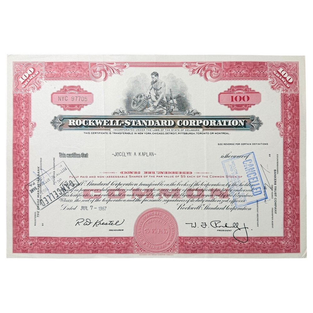 США, Rockwell-Standard Corporation, сертификат на 100 акций 1967 г. (Серия NYC)
