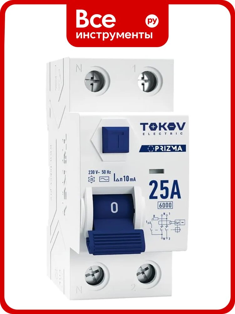 Выключатель дифференциального тока (УЗО) TOKOV ELECTRIC 2П (1P+N) 25А 10мА тип AC 6кА TKE-PZ60-RCDM-2-25-10-AC