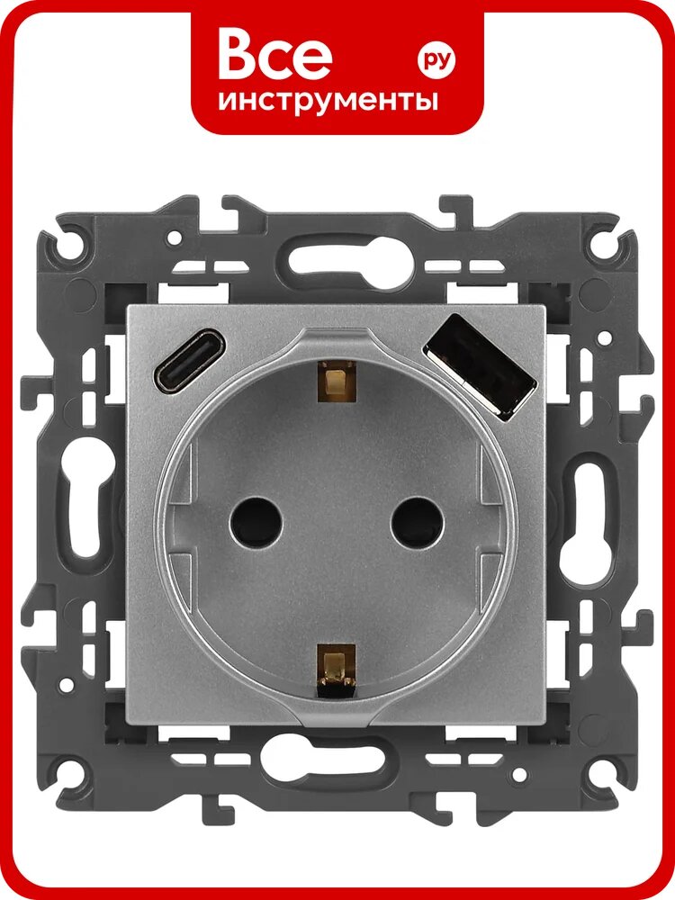 Розетка ЭРА Elegance 14-4108-03 2PE 16A250В со шторками с USB typeAC 5В3А алюминий Б0067741