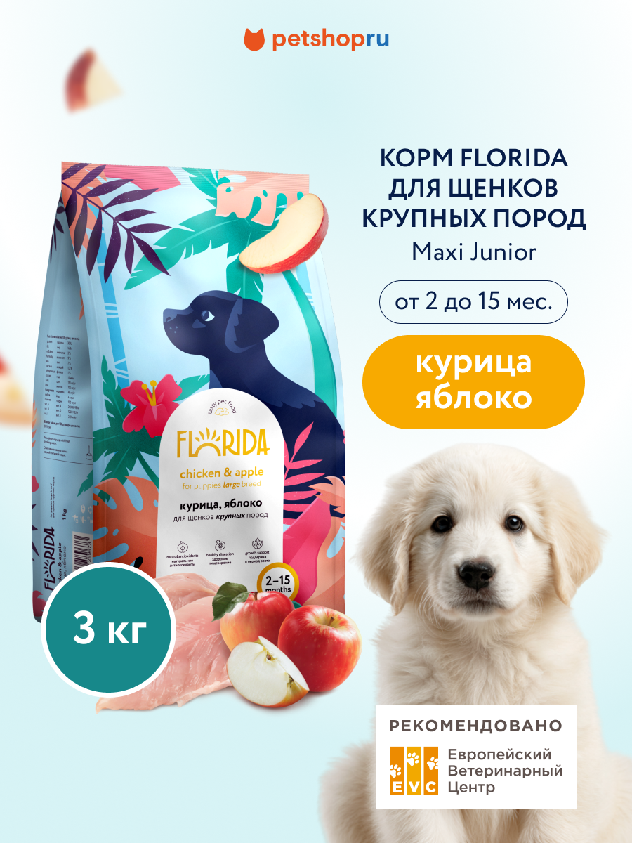 FLORIDA Сухой корм для щенков крупных пород с курицей и яблоком, Maxi Junior, Chicken, 3 кг