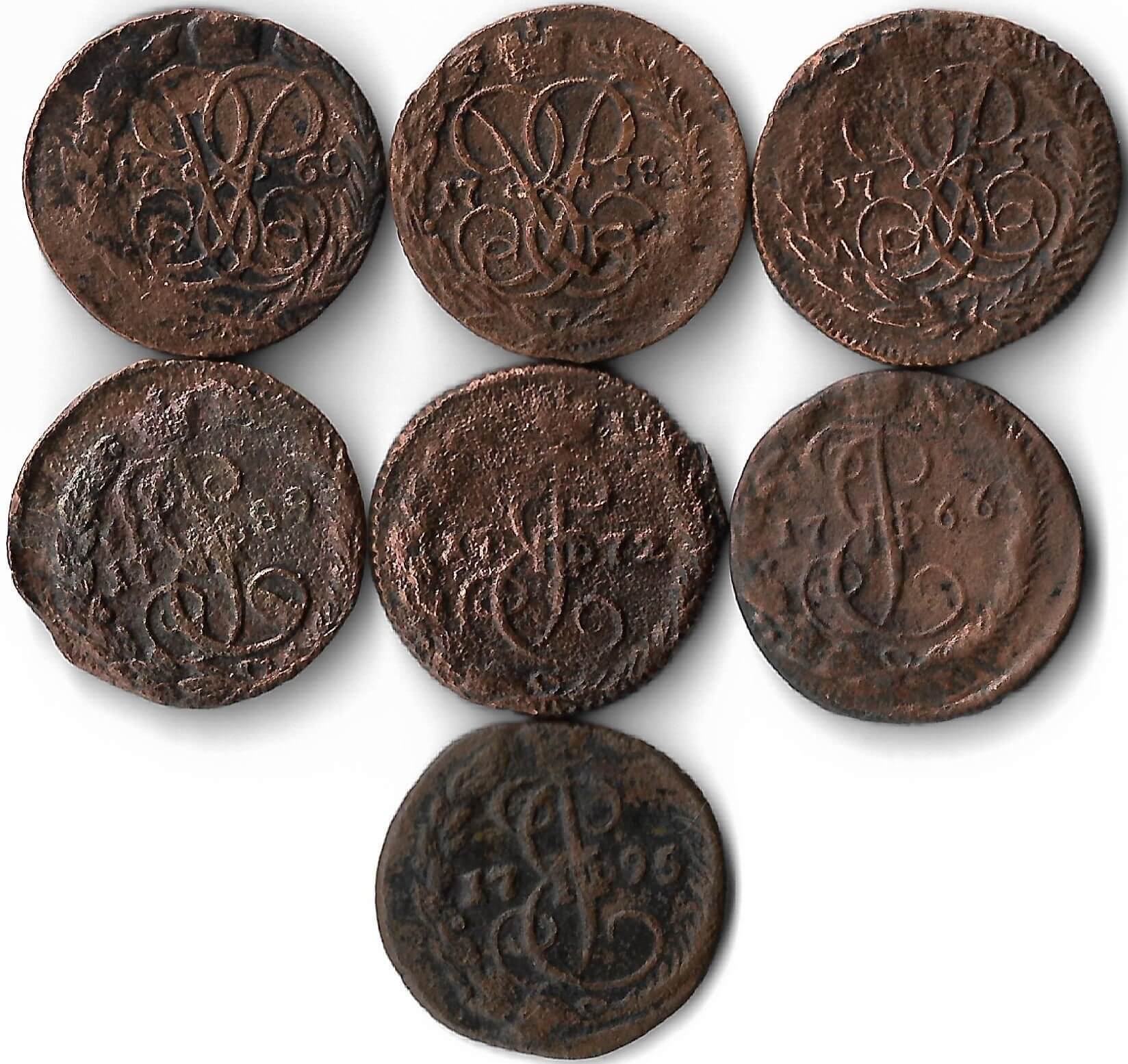 Набор медных монет 1757-1795 года (7 монет) Денга ЕМ (VG-F)