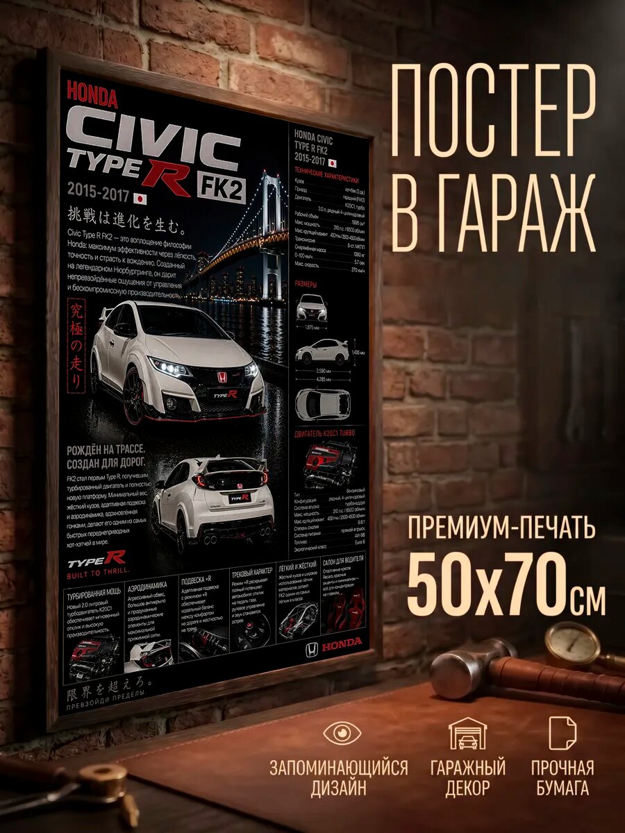 Постер на стену большой 50*70 без рамки Хонда Цивик тип FK2
