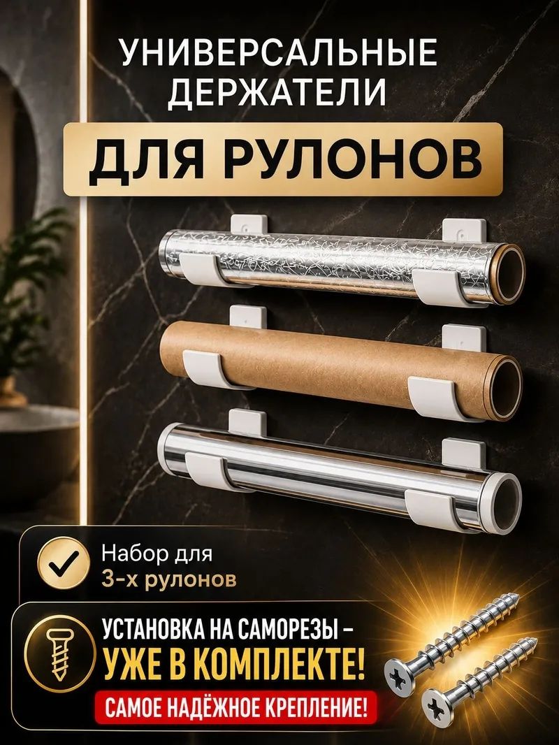 Держатель для рулонов фольги, бумаги, пленки на кухню, Набор для 3х рулонов, Белый цвет.