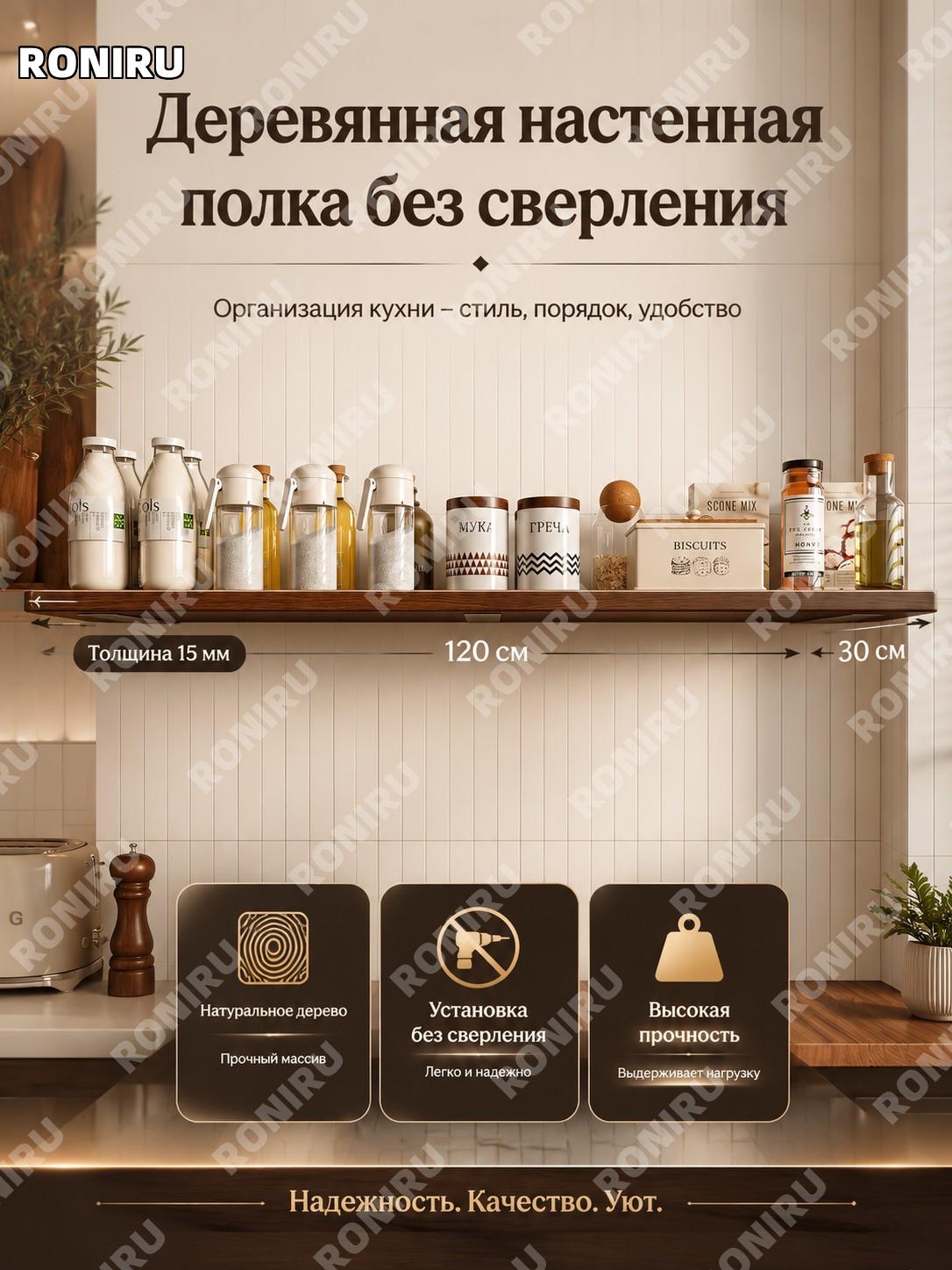 Настенная кухонная полка без сверления 120×30 см из массива дерева, черный орех, однополосная доска для хранения