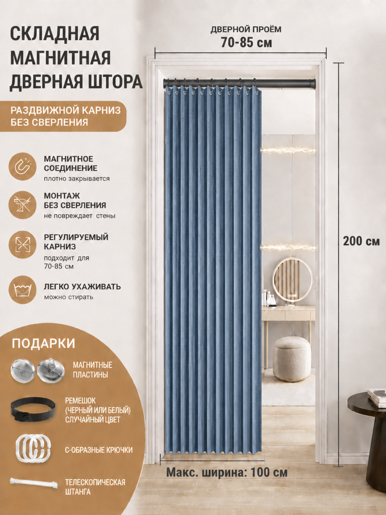Магнитная шторка для дверного проема 70-85 см, высота 200 см, ширина до 100 см, синяя