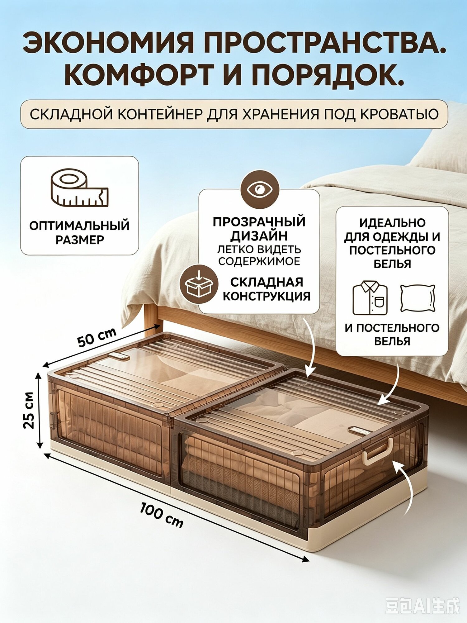 Органайзер для белья, одежды 100x50x25 см 1 шт pet-g пластик коричневый