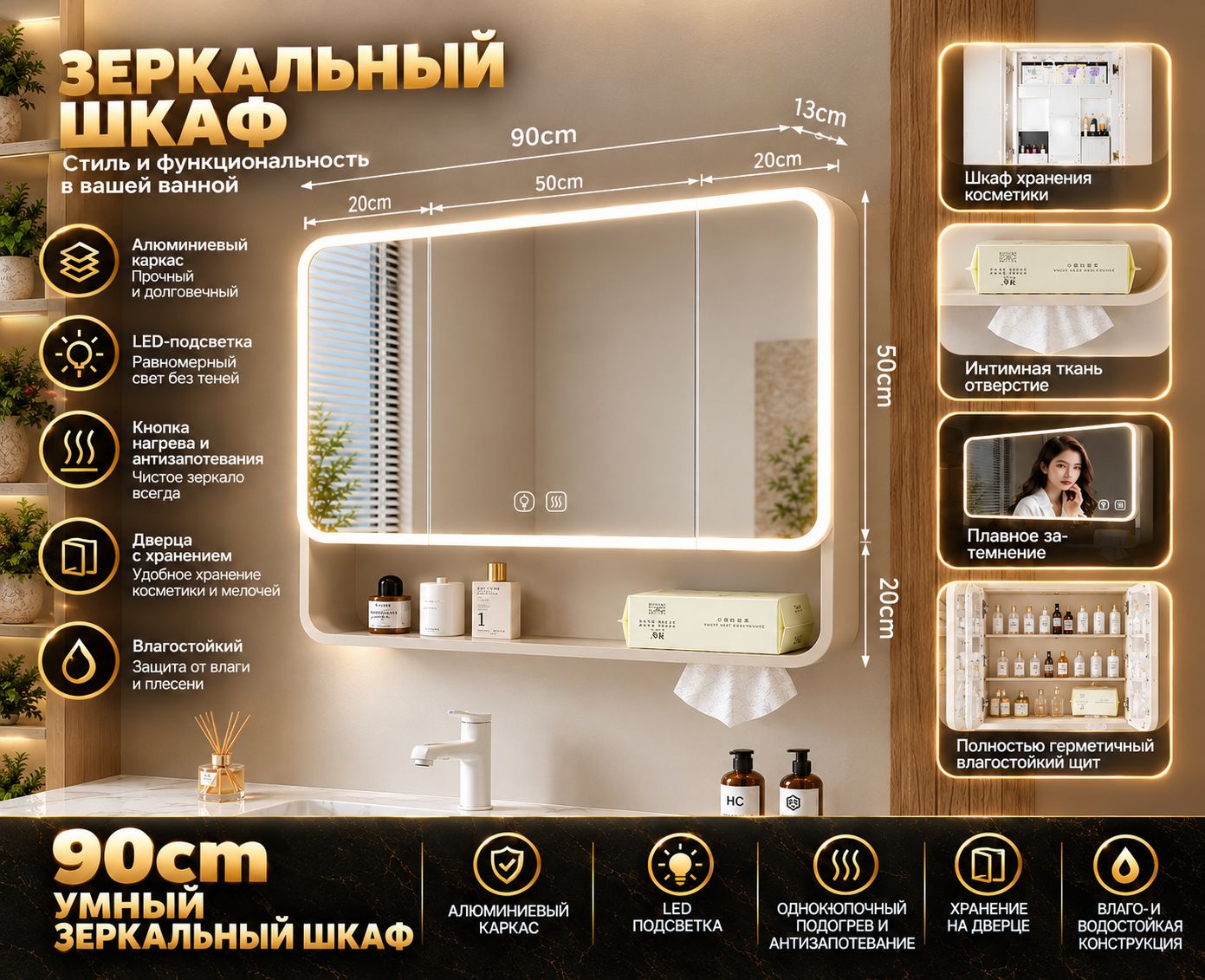 Умный шкафчик для ванной комнаты-светодиодная подсветка, обогрев, защита от запотевания, алюминиевый сплав, 70, 90, хаки