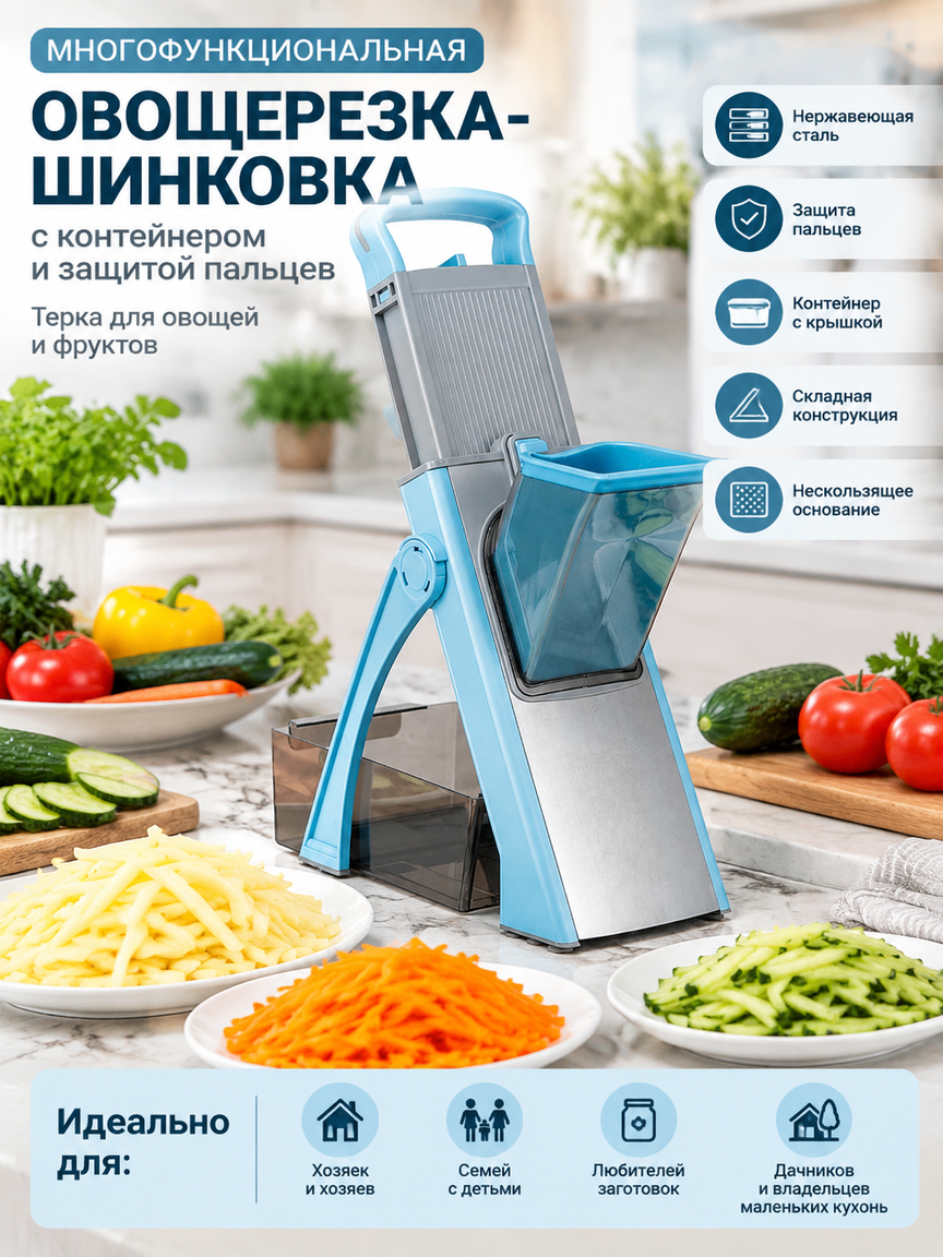 Ручная овощерезка-шинковка с контейнером и защитой пальцев, терка для овощей и фруктов