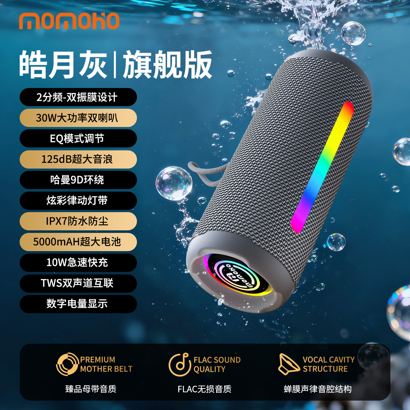 Многоцветная портативная Bluetooth-колонка с двумя динамиками, водонепроницаемая, для велосипеда и ванной комнаты, с эффектом калейдоскопа и сабвуфером.