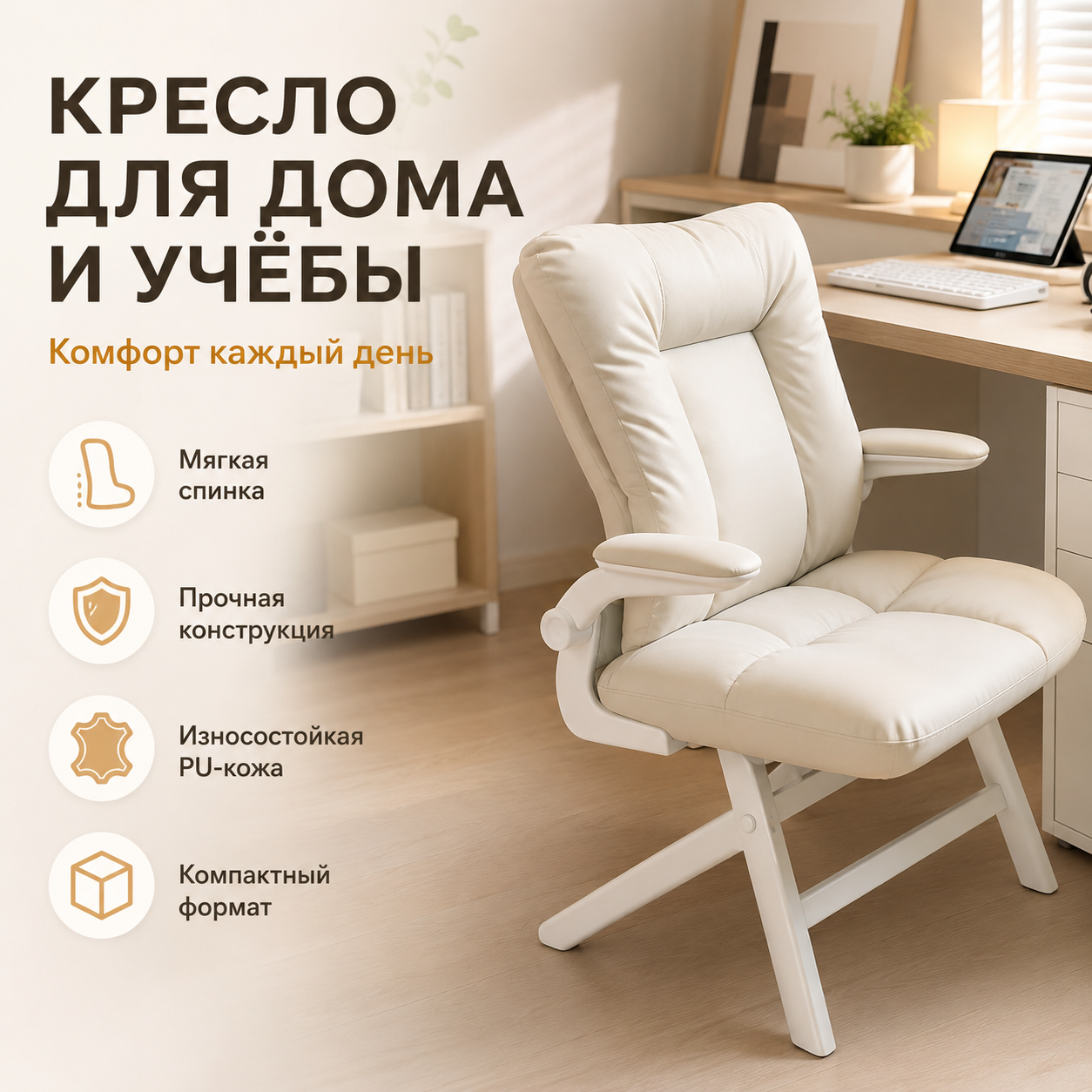Кресло детское ASDF, скандинавское, мягкие подлокотники, светло-бежевое, 1 шт.