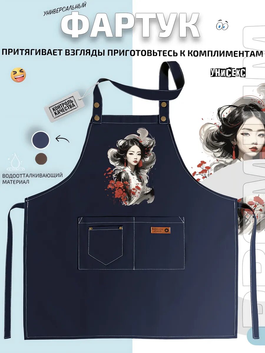 Фартук Юки Yuki аниме японская девушка с красными цветами кухонный с принтом универсальный