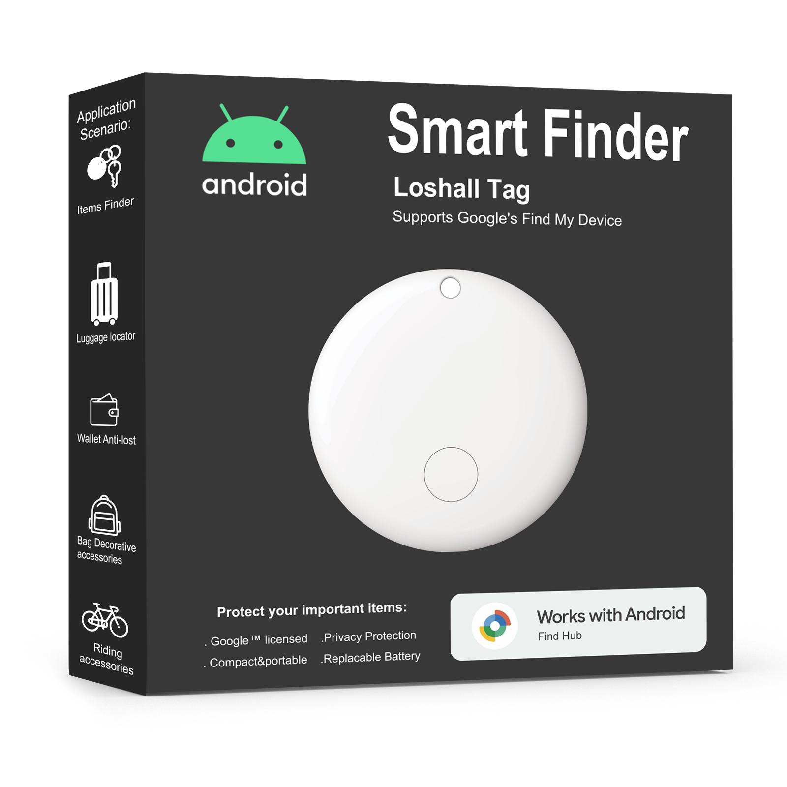 F08 Loshall tag Bluetooth finder для устройств Android, сертифицированный Google, ключ-finder/багаж-трекер/локатор вещей, совместимый с приложением Google «Find a Device», черный/белый (выбор), 1шт/2шт/4шт (выбор), Bluetooth 5.2, IP67, батарейка CR2032,