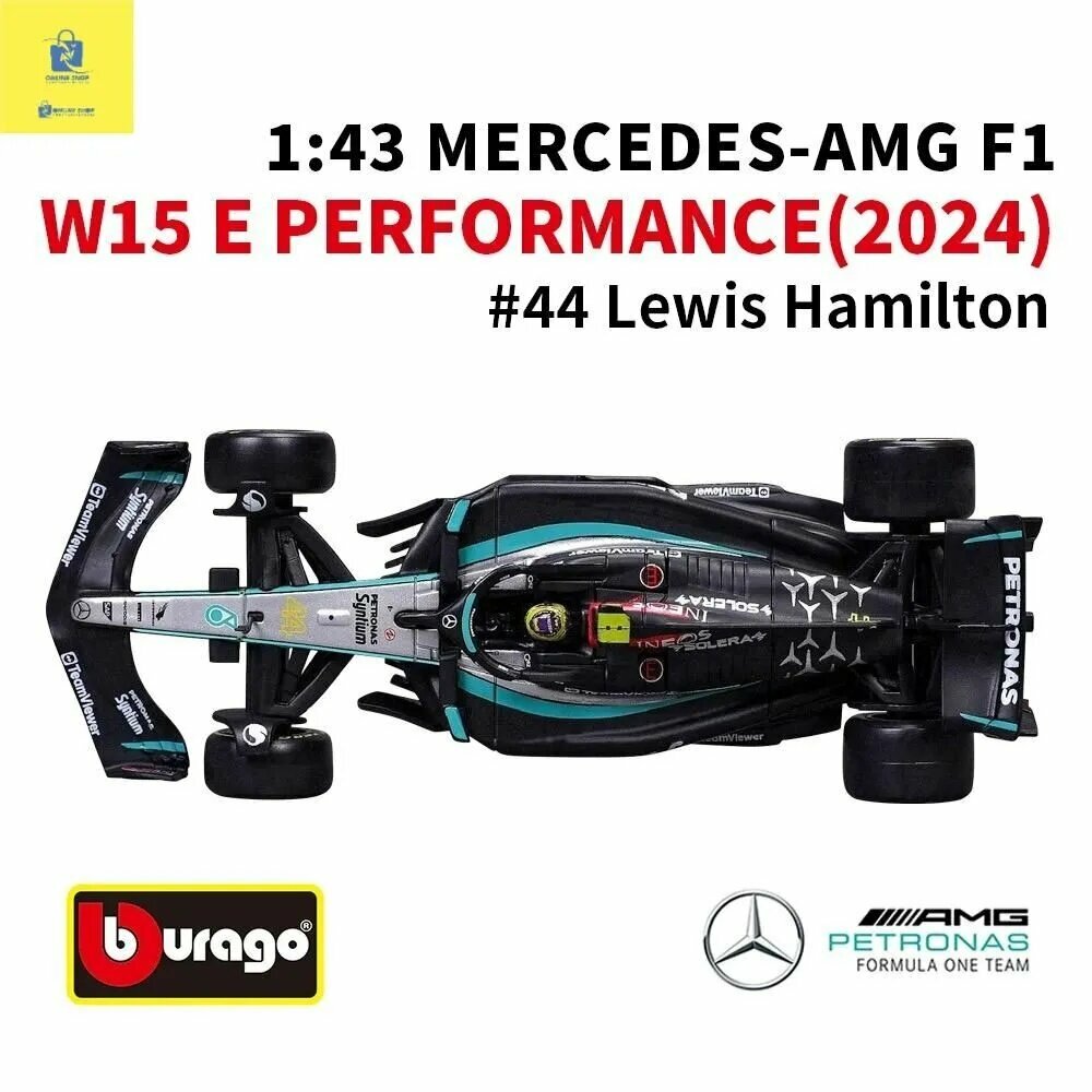 Металлическая коллекционная модель болида Формулы-1 "Burago"1:43. F1 Mercedes - Benz AMG W15E (2024) 44#Гамильтон-Версия для водителей