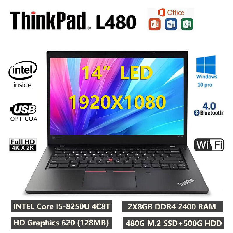 ноутбук 14" LENOVO Thinkpad L480 ( Intel CORE i5-8250U CPU+2X8GB 2400 RAM+480G M.2 NVME SSD+Intel HD Graphics 620 Видеокарта ; 1920X1080 IPS ) Win 10 pro