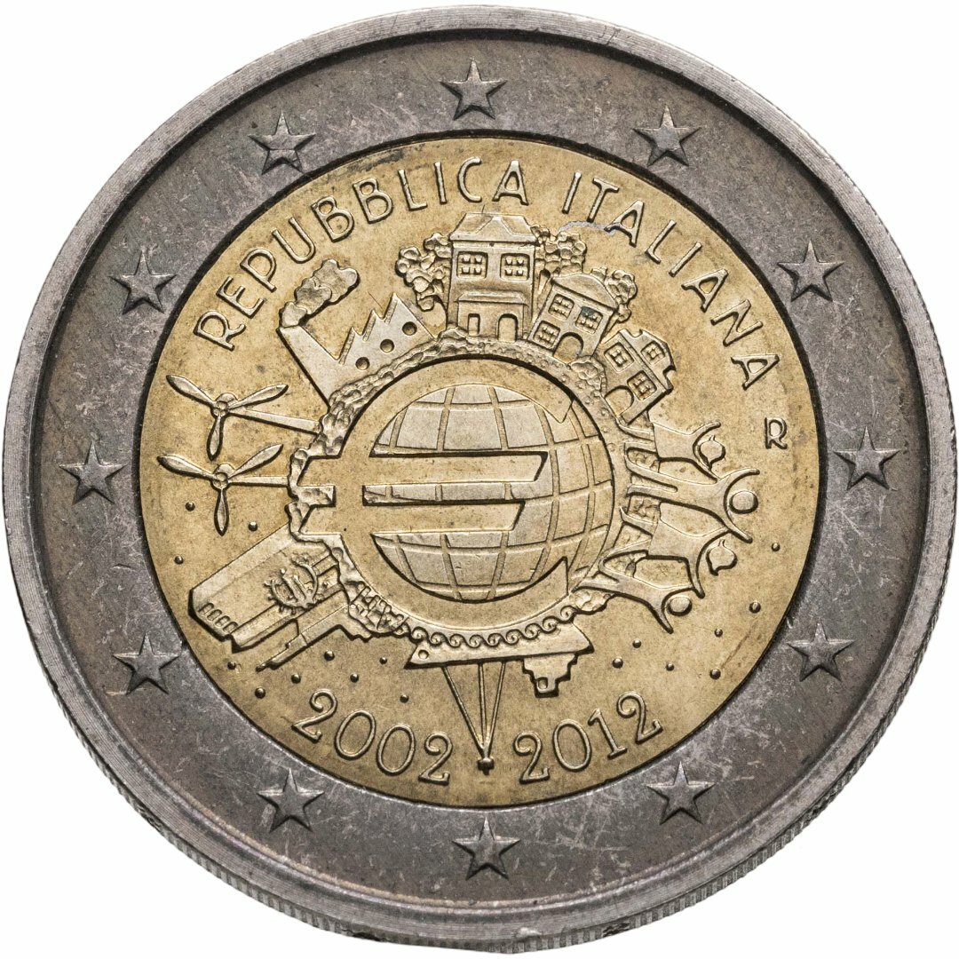 Италия 2 евро 2012 "10 лет евро", Биметалл, в сохранности XF-AU