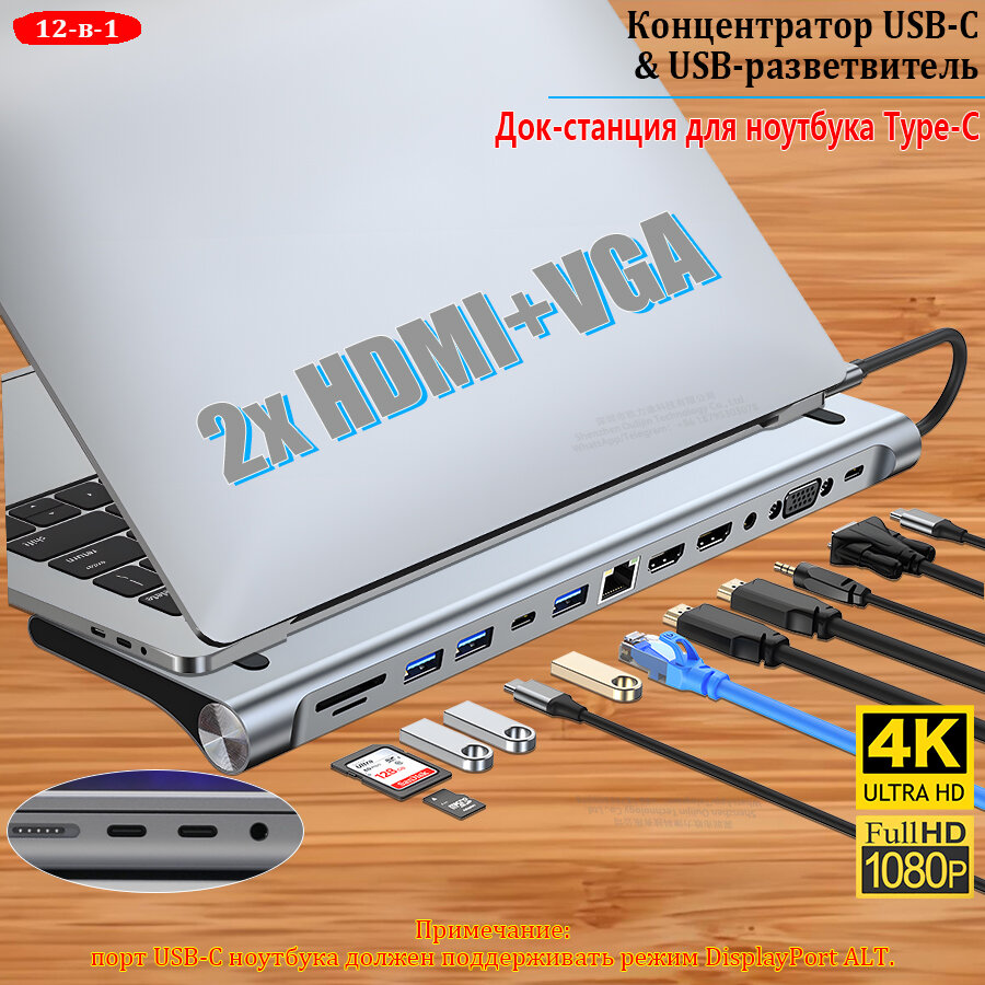 12-in-1 Type C to 4K 2x HDMI VGA RJ45 VGA PD USB Splitter Adapter USB C Thunderbolt HUB Docking Station 3 monitors