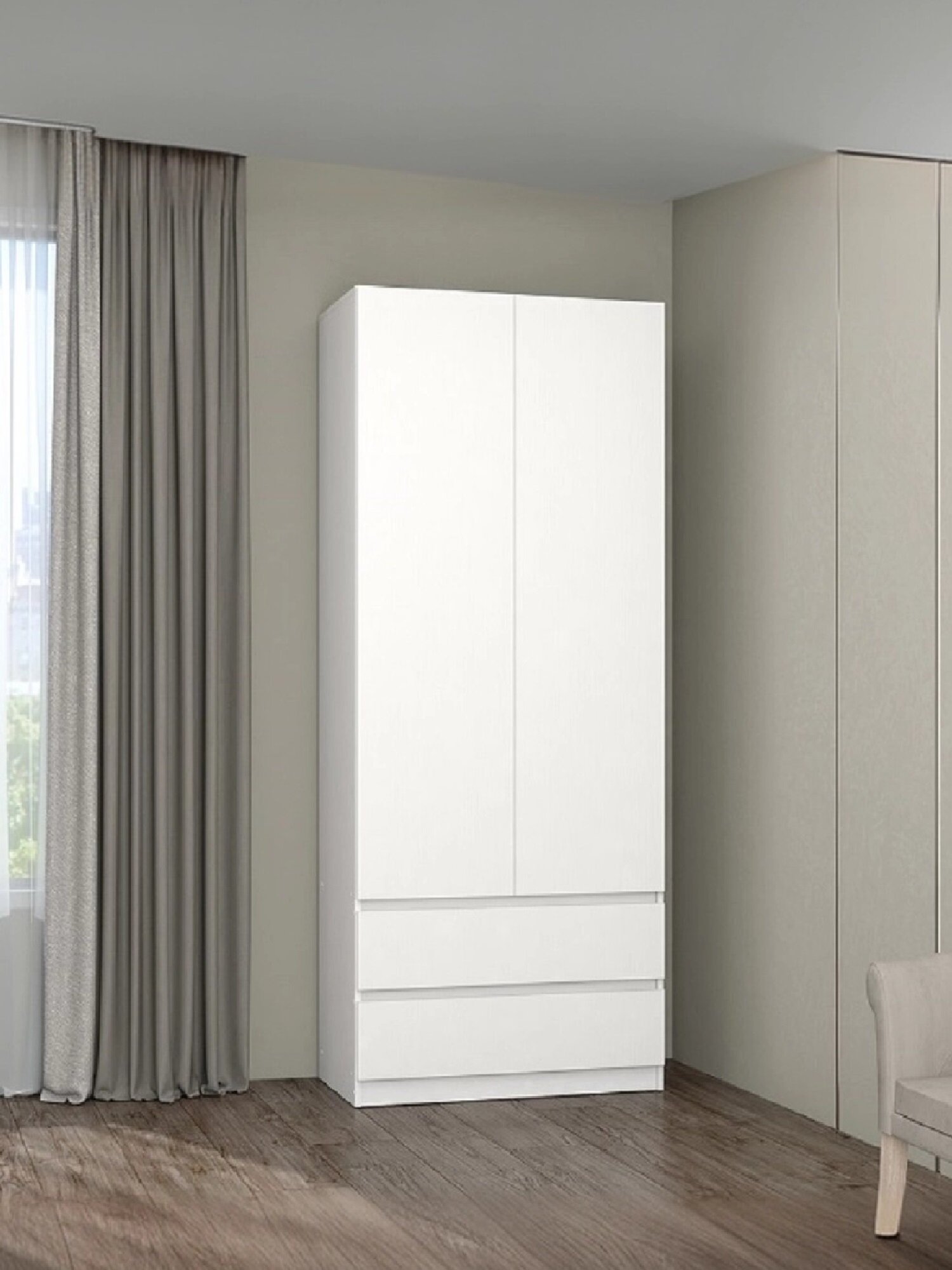 Шкаф распашной МС "Соната", ширина 90 см, Цвет Белый Текстурный, двухдверный, с полками, со штангой, с ящиками