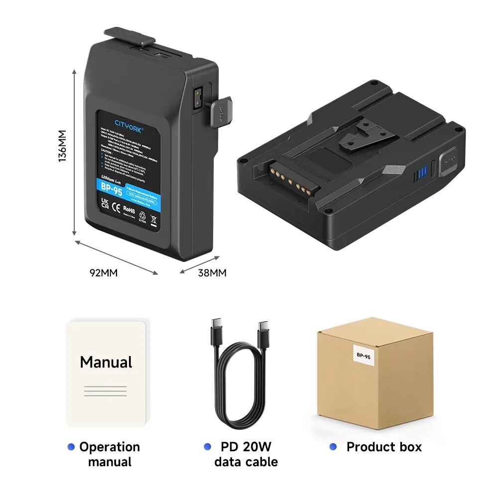 CITYORK Аккумулятор V-Mount 14,8В 12500 мАч для Sony BP-95 6600mAh