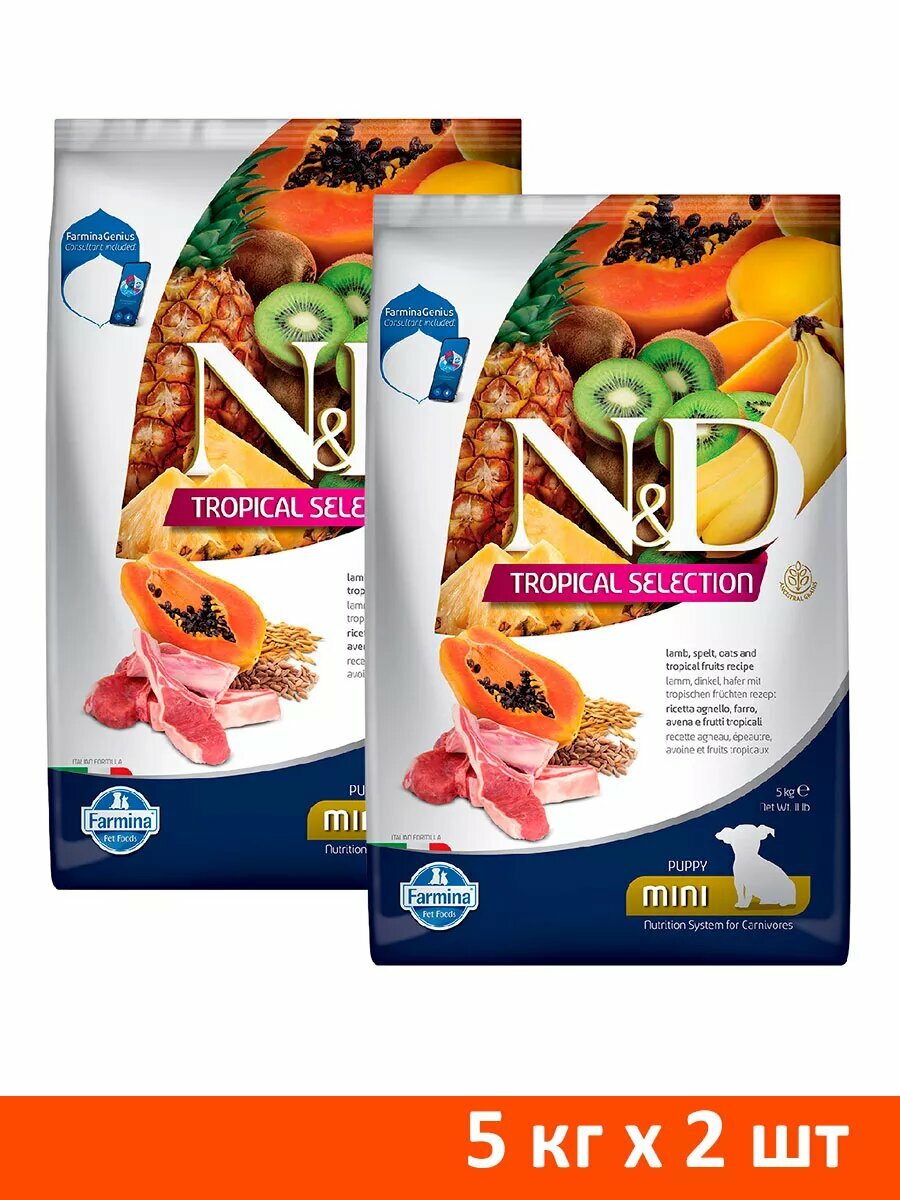 Корм сухой Farmina Dog N&D Tropical Selection Puppy Mini Lamb низкозерновой для щенков маленьких пород, ягненок, спельта, овес, тропические фрукты, 5 кг 2 шт