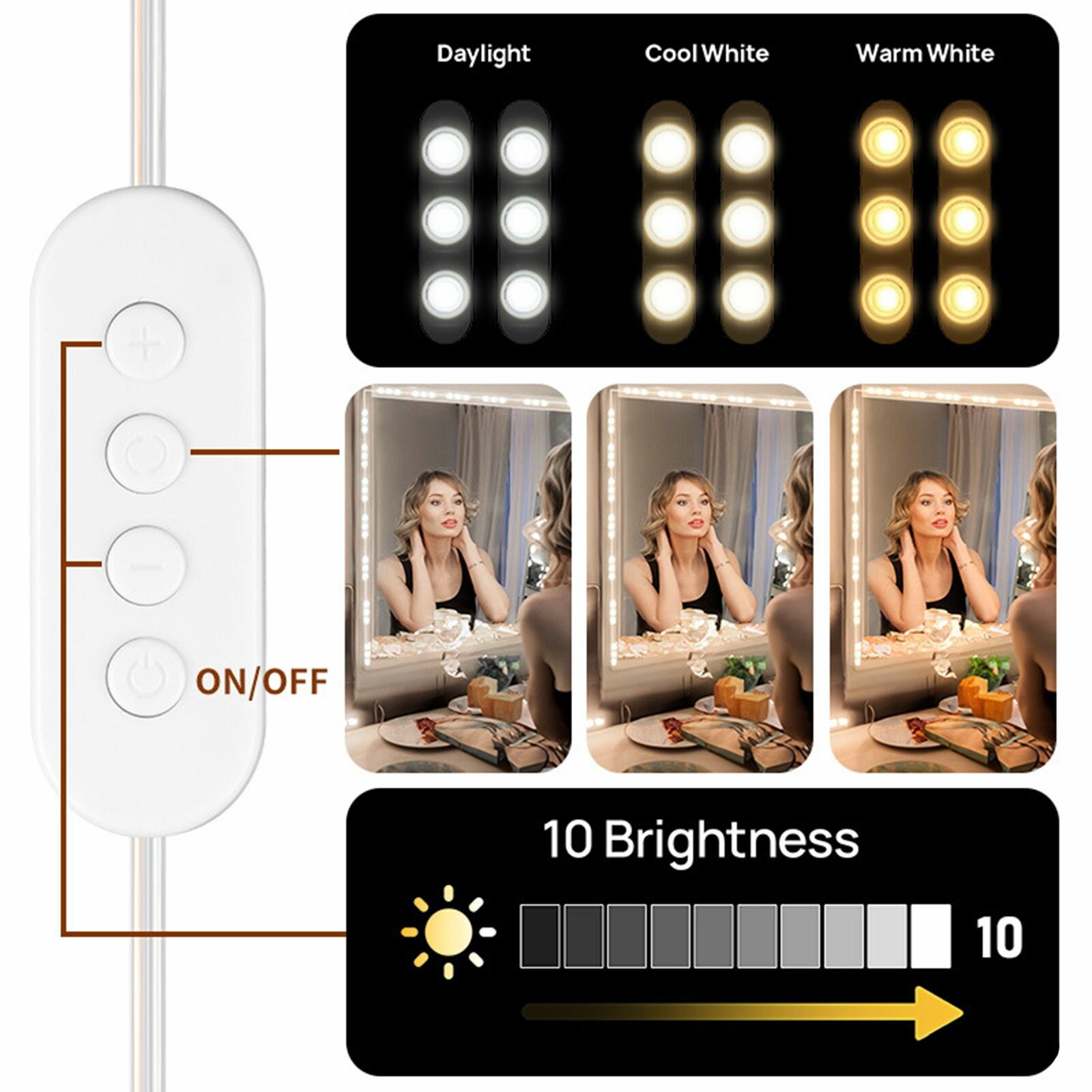 10-футовая LED-подсветка для зеркала (3 температуры, USB)
