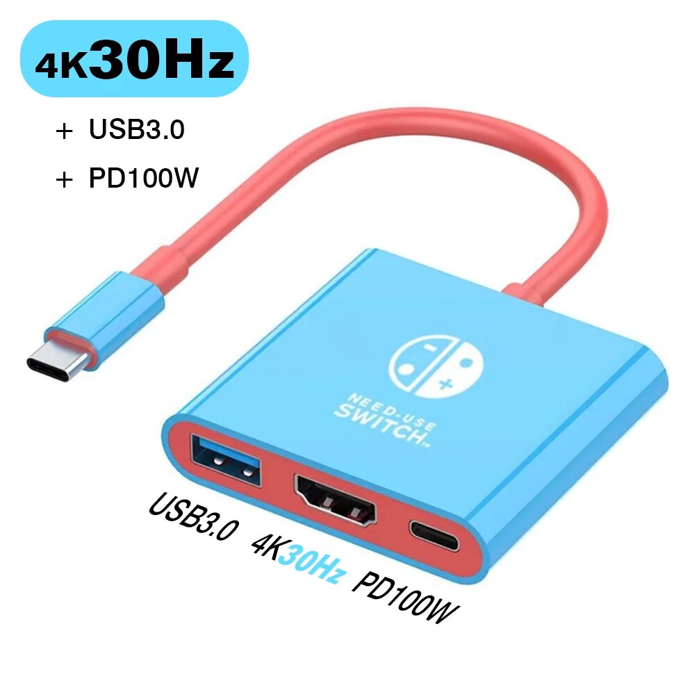 USB-C хаб 3 в 1 для Nintendo Switch, 4K30Hz, USB 3.0, PD100W, синий