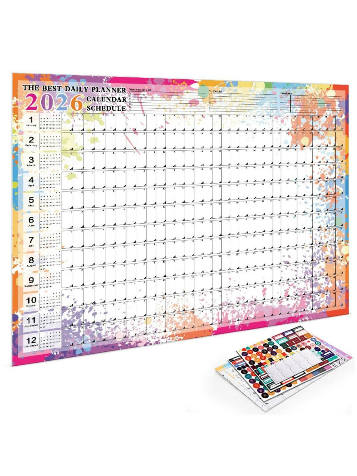 Годовой календарь Rainbow Designs на 2026 год для дома, офиса, школы, 10 многоразовых наклеек