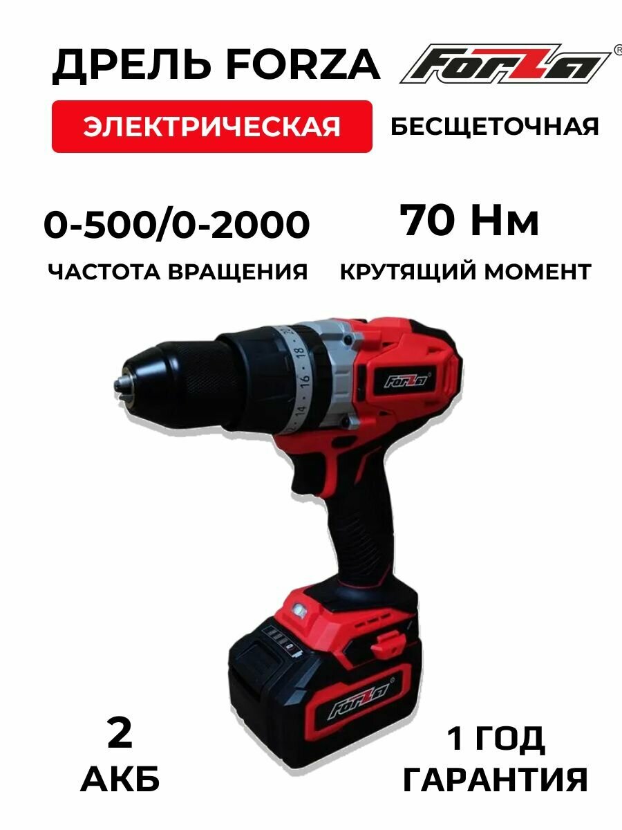 Дрель аккумуляторная Forza FZ-D797-9SC (2 АКБ; Напряжение 20В; Емкость 4А*ч; Mах крутящий момент 70Н/м; Количество скоростей 2 (0-500об/мин, 0-2000об/мин))