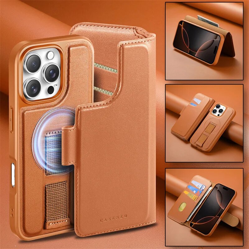 Магнитный кожаный флип-чехол MagSafe для iPhone 12, 13, 14, Коричневый, Brown, For iPhone 16 ProMax