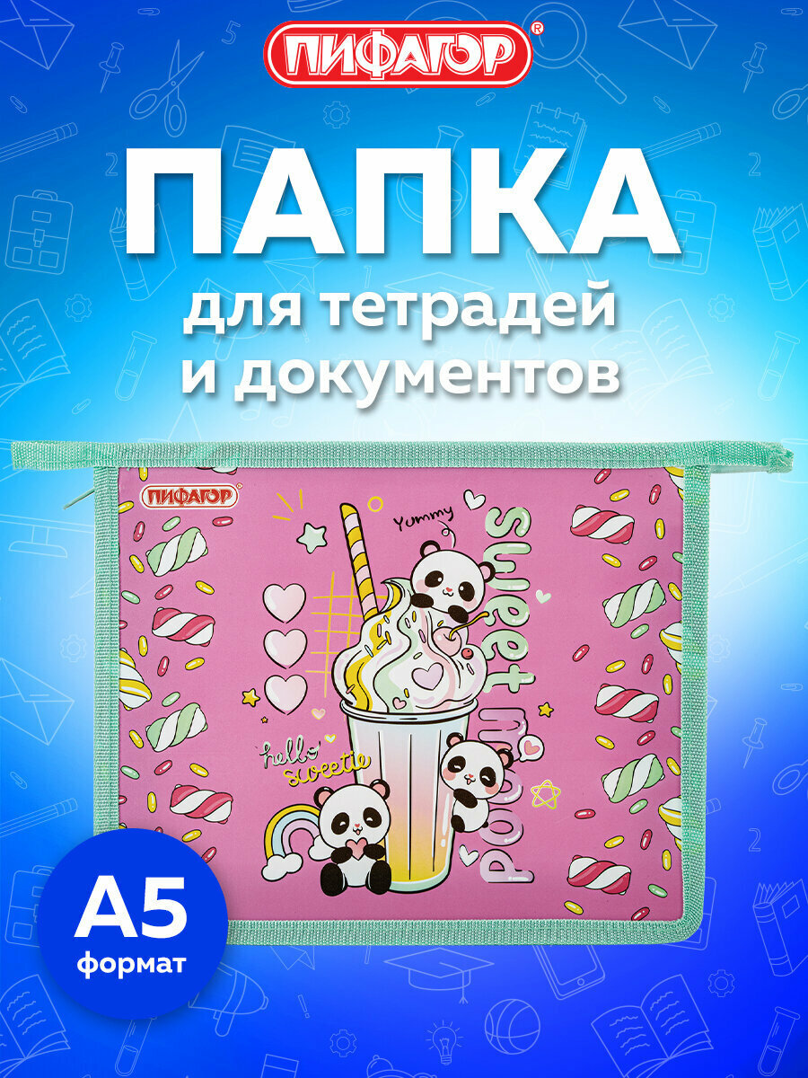 Папка для тетрадей Пифагор А5, 1 отделение, пластик, на молнии, Sweet mood, 272193