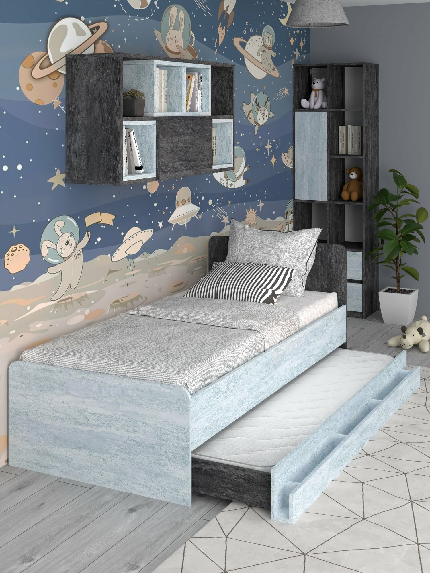 Есэндвич Grand Лаворо Кровать 90х200 с дополнительным спальным местом (Цемент темный/Цемент светлый) 203х93х80 см