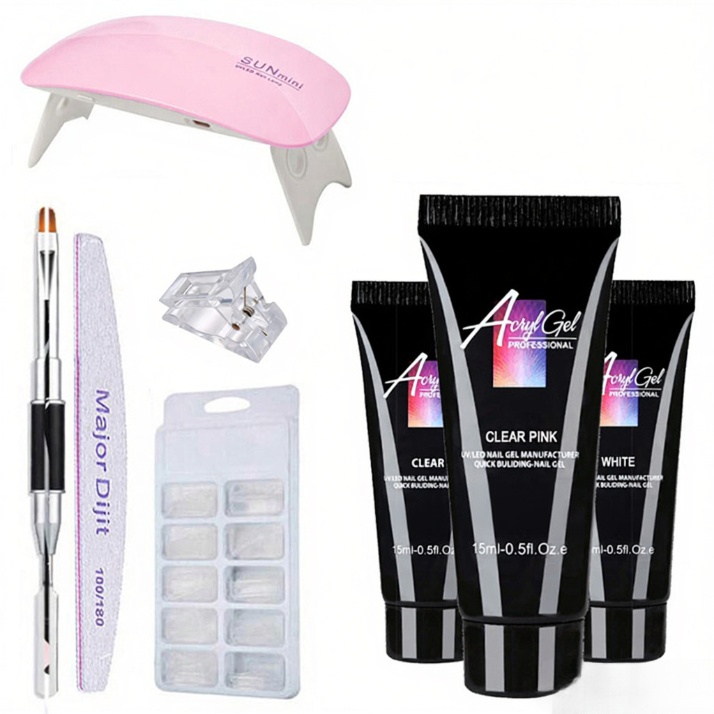 DouborQ Набор для наращивания ногтей с быстрым строительным гелем Poly Quick 15ml, UV гелем, шпателем, кистью, ложечками, лампой UV: 3 штуки UV геля, 100 штук наращенных ногтей, 1 пилка для ногтей, 1 зажим для ногтей, 1 кисть, 1 лампа UV, 3 цвета, объем