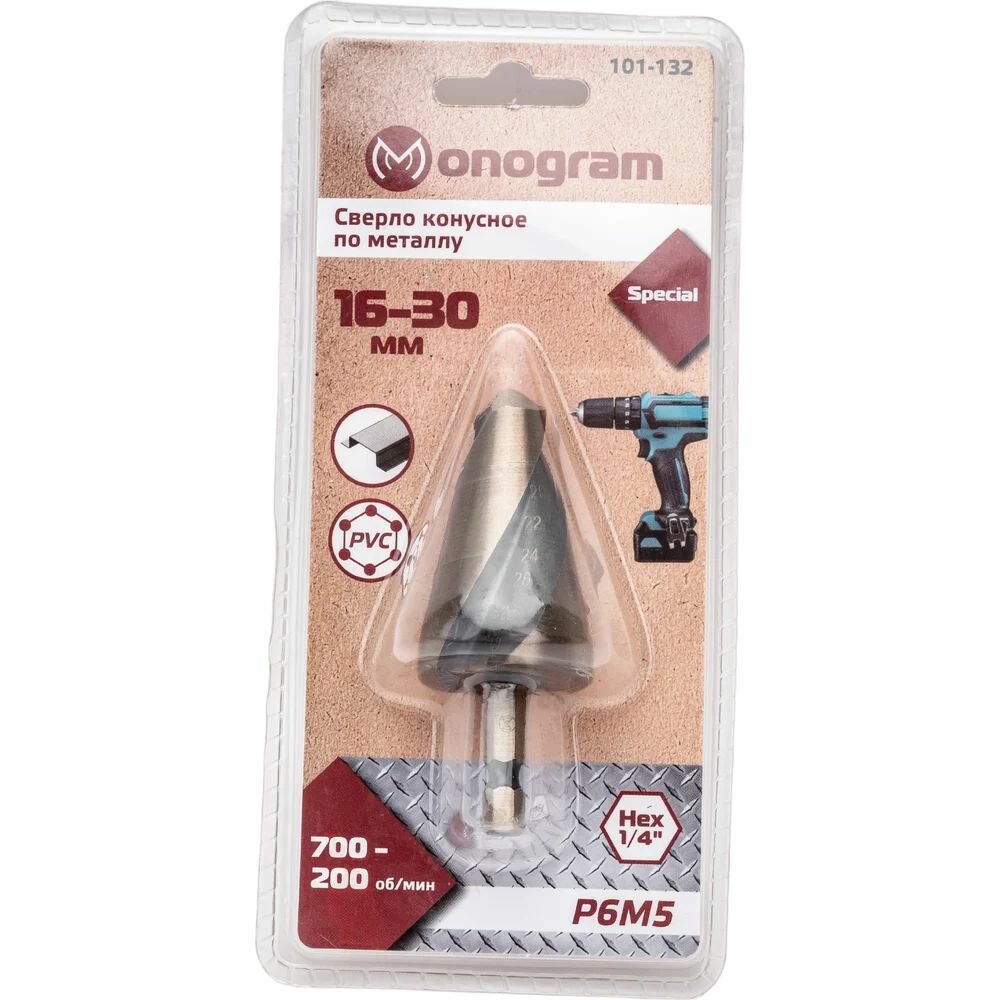 Сверло конусное спиральное по металлу (16-30 мм; Р6М5; Hex 1/4") Monogram 101-132