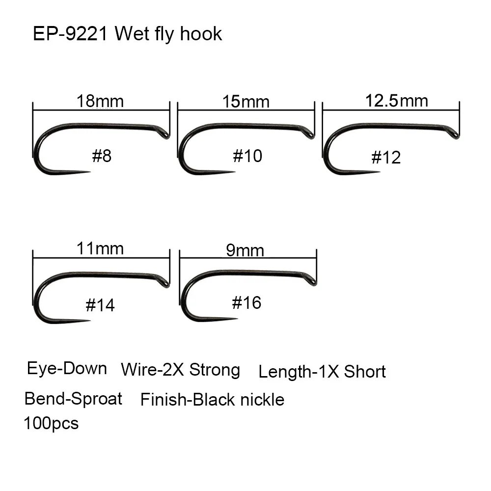 Eupheng 50 шт. Крючки для нахлыста Aventik 12, Wet fly hook 9221